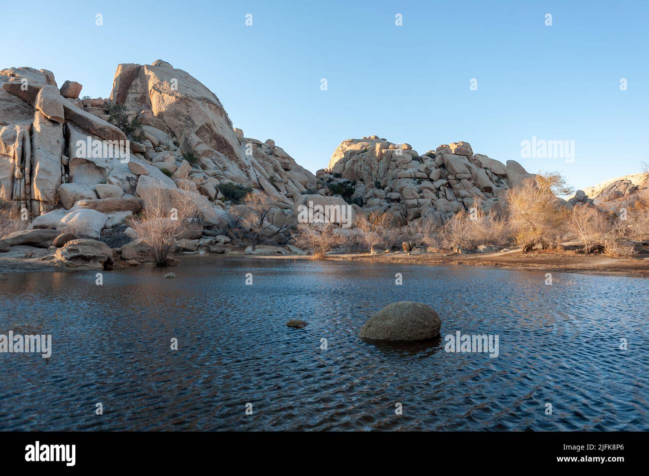 Overlooking Barker Dam in Joshua Tree National Park during golden hour ...