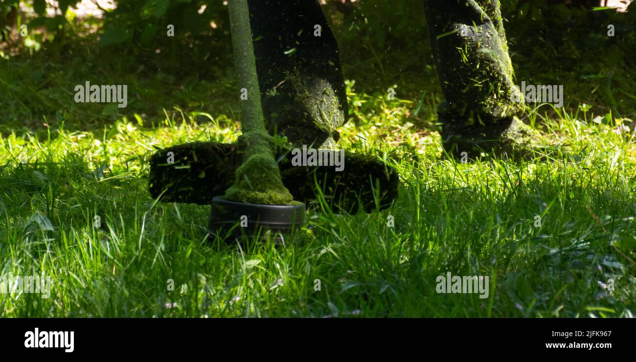 garden maintenance. green grass cut with equipment. use right tool for ...