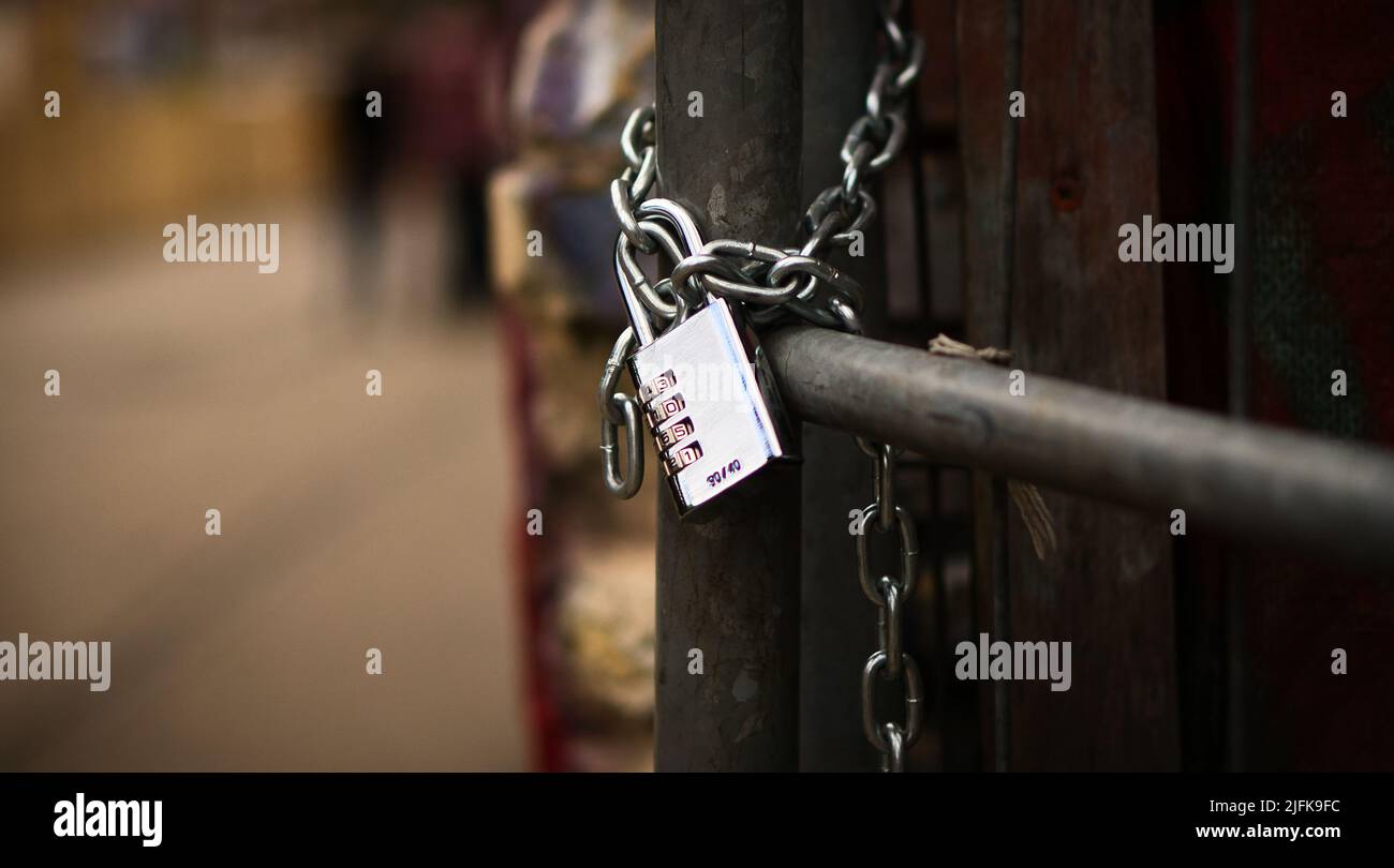 Padlock on a chain. Locked and locked. mysterious and safe. Detail ...