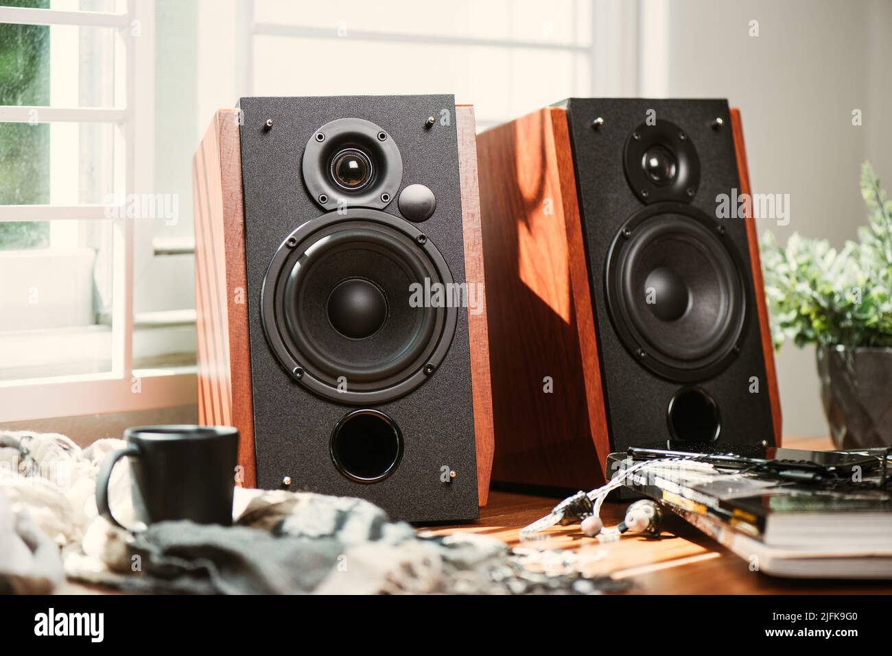 Bookshelf speaker system for home entertainment Stock Photo - Alamy