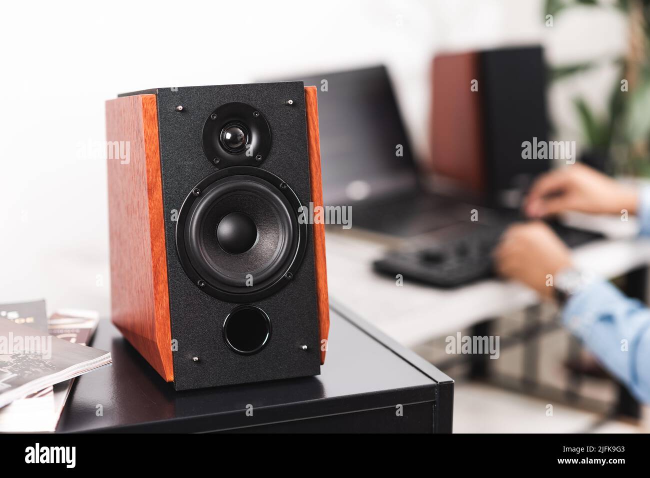 Bookshelf speaker system for home entertainment Stock Photo - Alamy