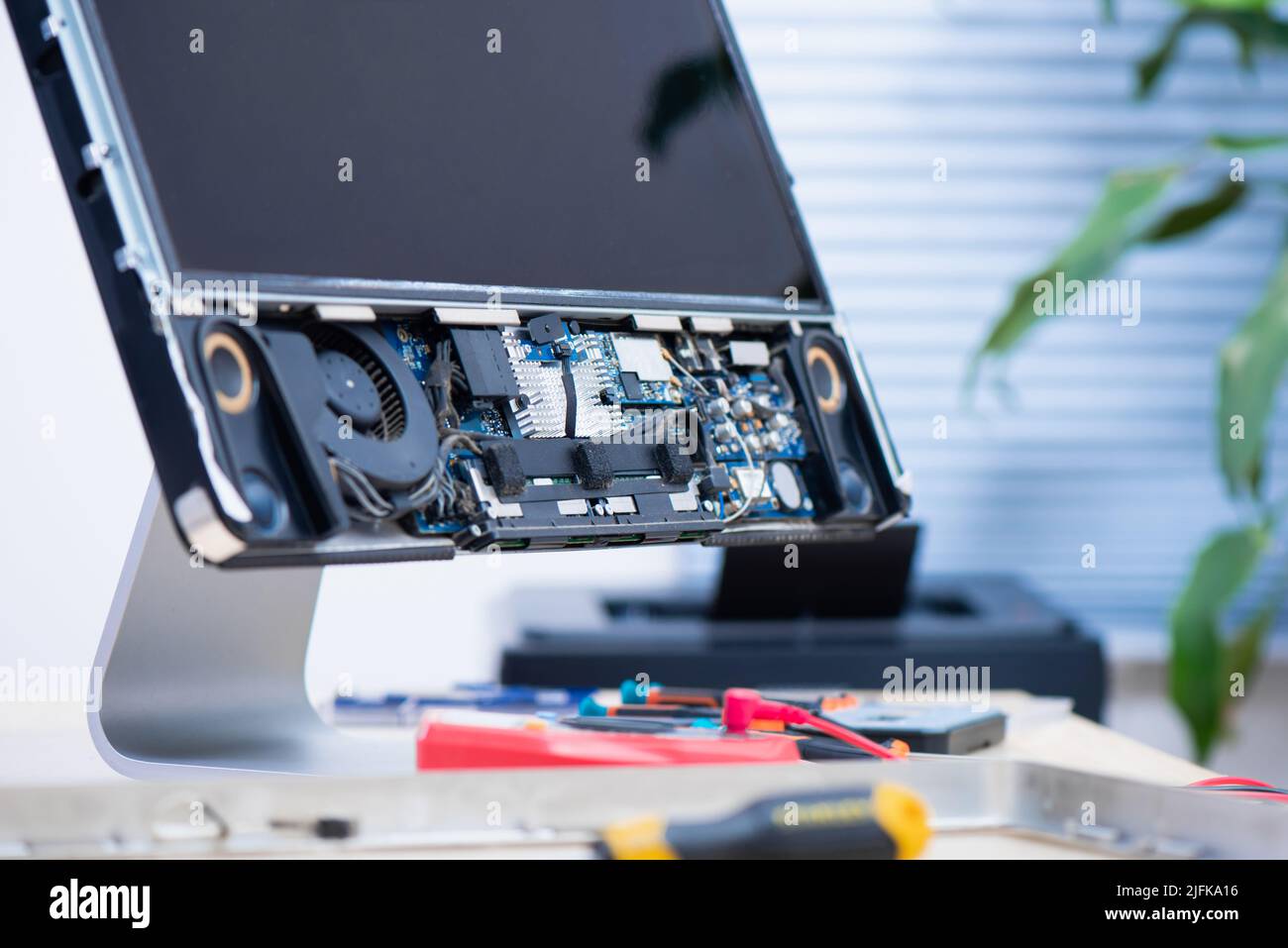 Closeup computer parts inside the broken computer. Computer service and ...