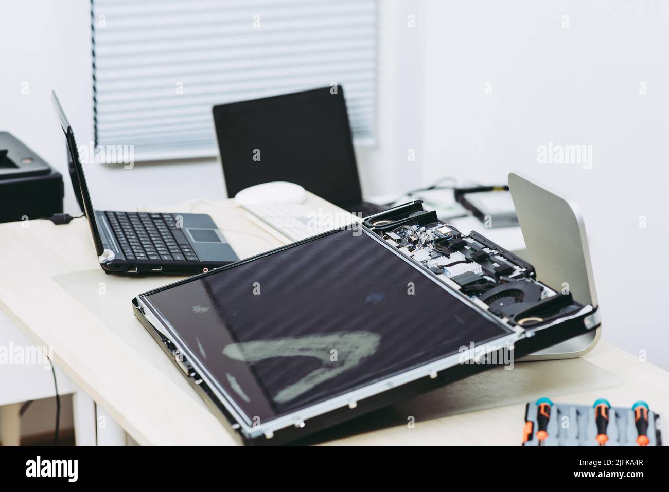 Closeup computer parts inside the broken computer. Computer service and ...