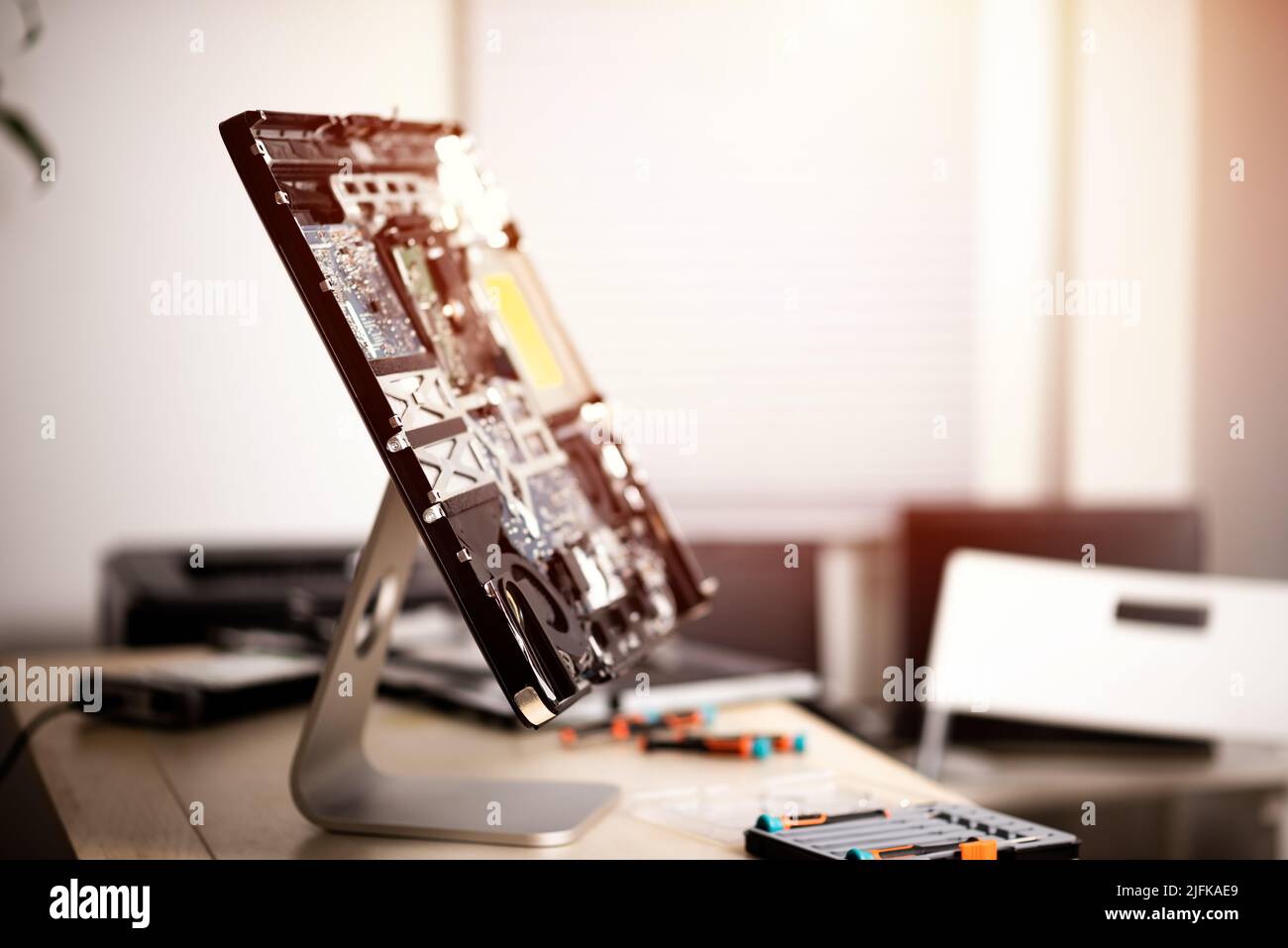 Closeup broken computer waiting to repair. Computer service and repair ...