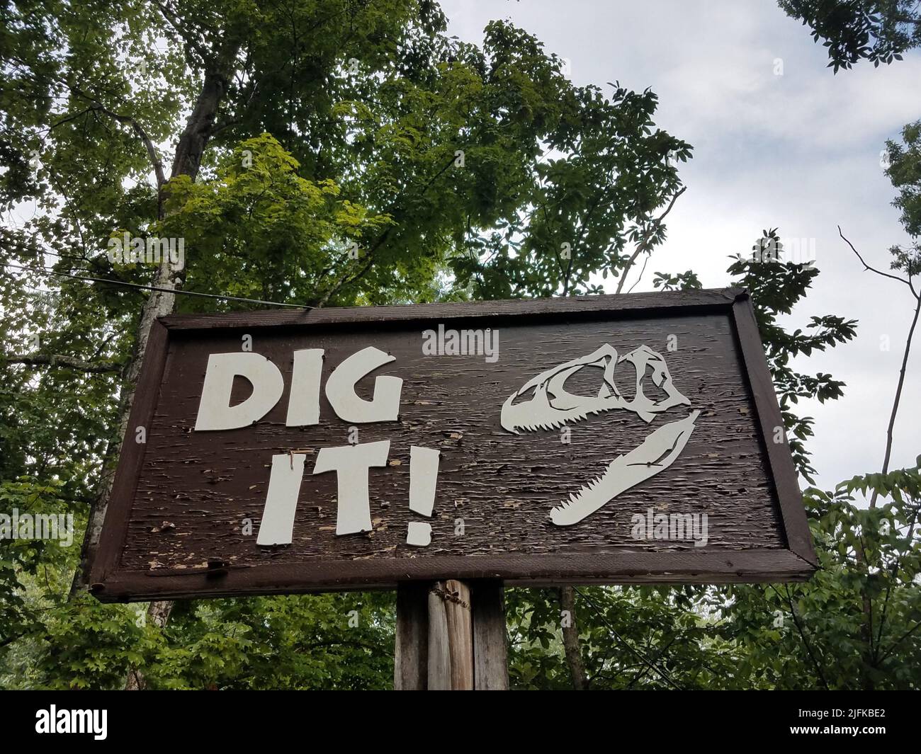 a wooden dig it sign with dinosaur head Stock Photo - Alamy