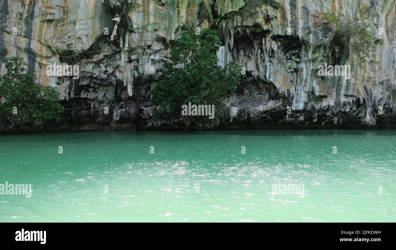 Long tail boat with natural landscape of green mountain cliff and ...