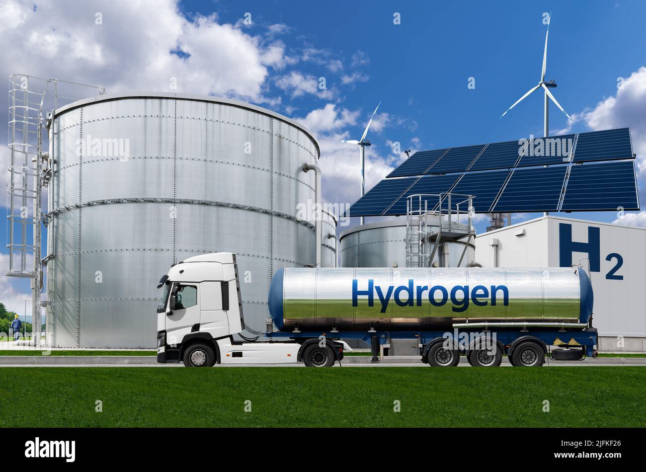 Truck with hydrogen tank trailer on the background of gas storage. New ...
