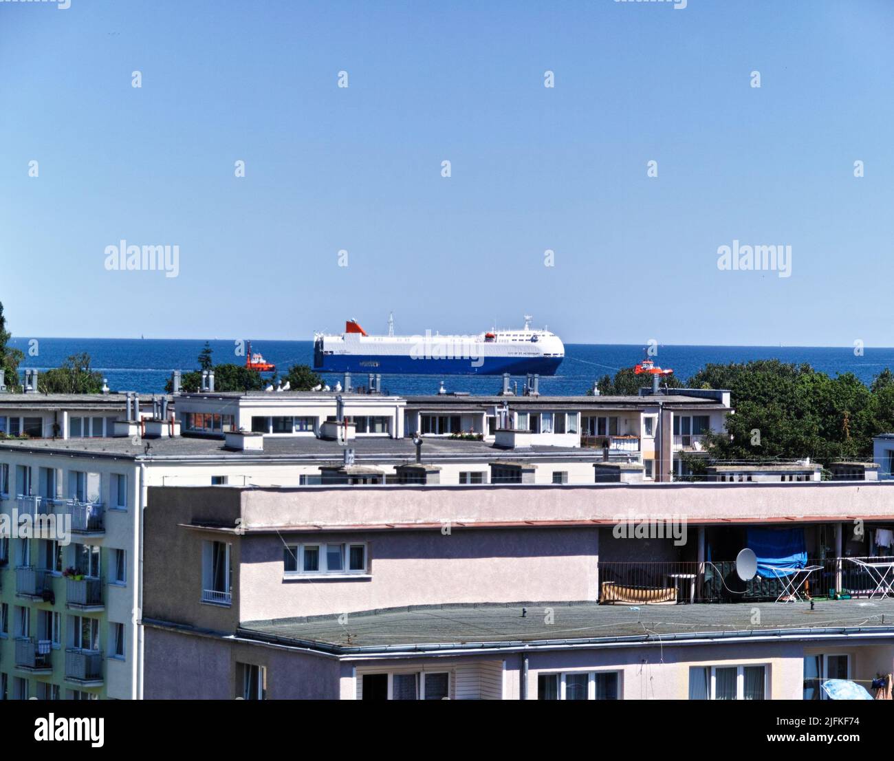 In the morning. The vessel entrance to the port. Gdansk Brzezno, Baltic ...