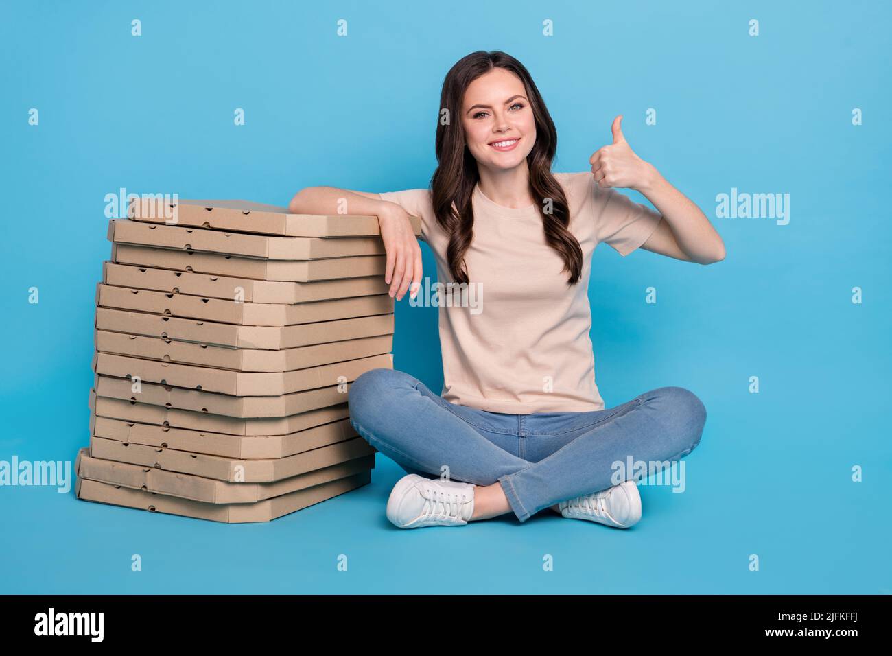 Full length photo of lady get many pizza box enjoy high quality make ...