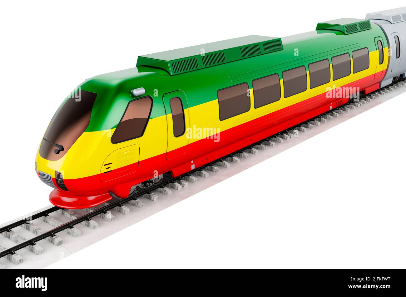 Rastafarian flag painted on the high speed train. 3D rendering isolated ...