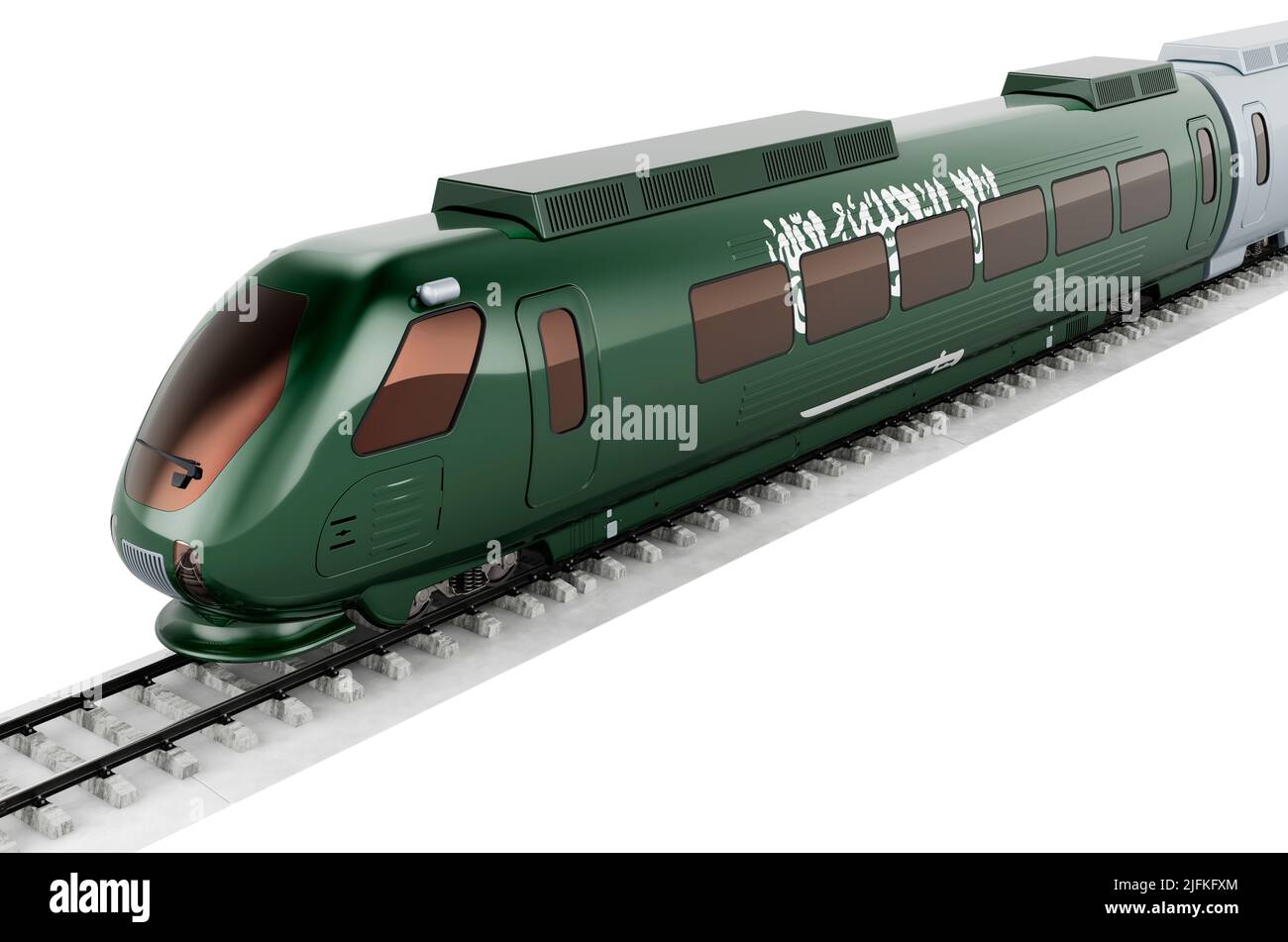 Saudi Arabian flag painted on the high speed train. Rail travel in the ...