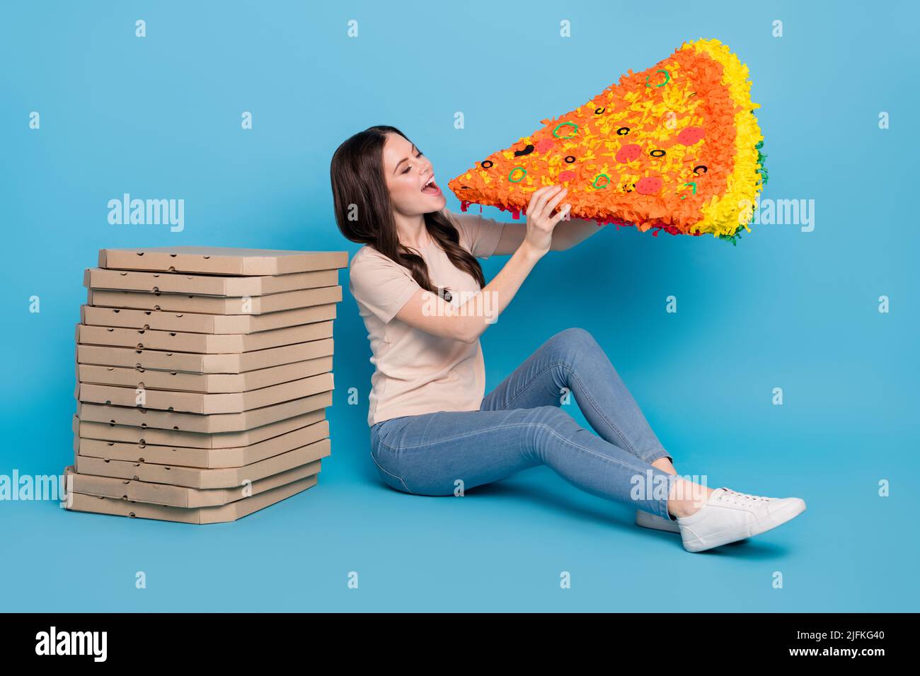 Full length photo of lady feel hunger bite huge pizza pepperoni slice ...