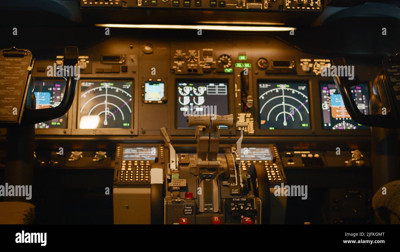 Empty airplane cockpit with dashboard navigation to takeoff, using ...
