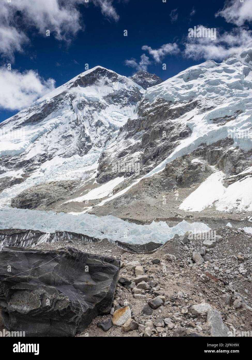 Mount Everest's (8849m) black summit pyramid behind the West Shoulder ...