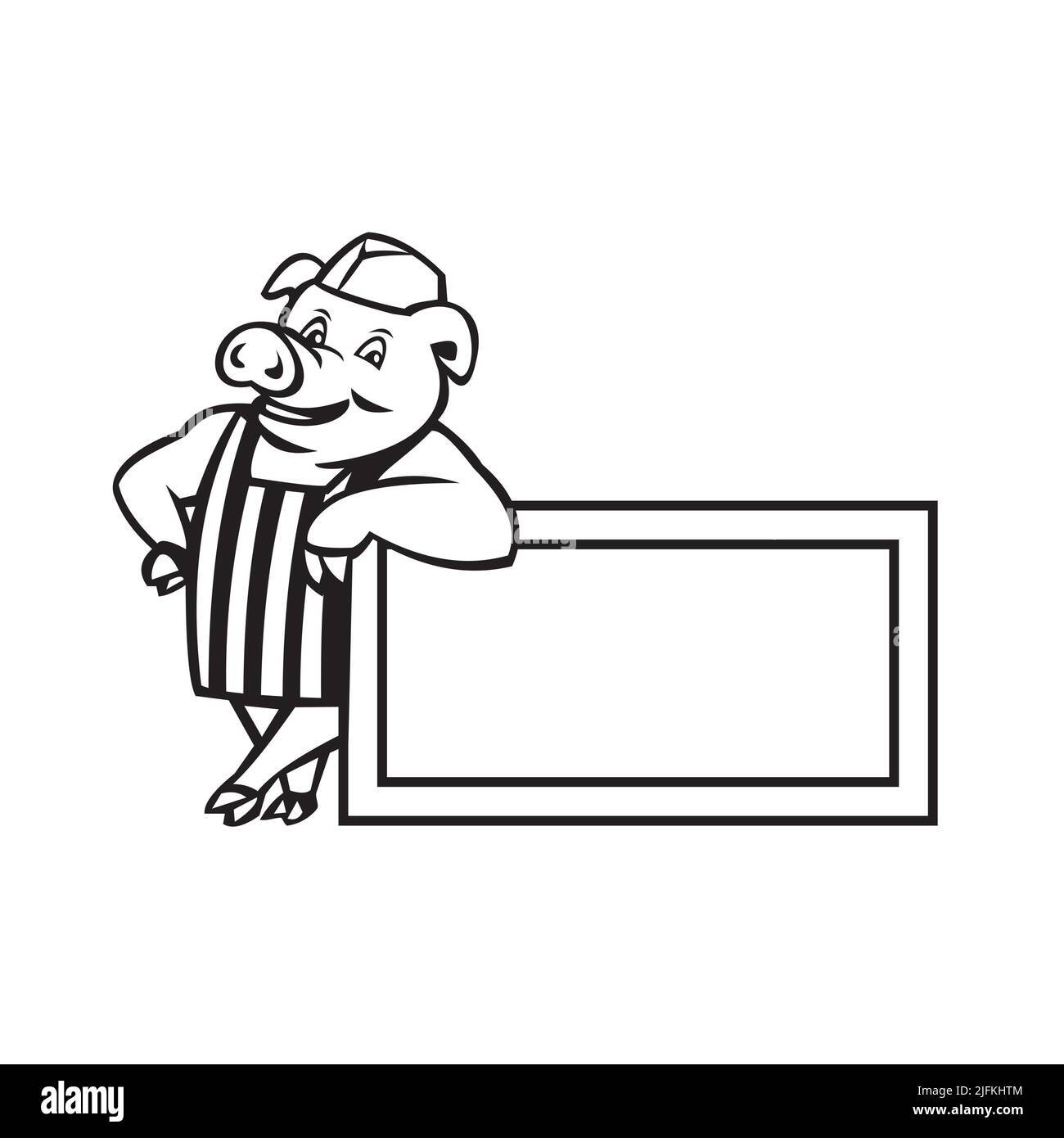 Black and white illustration of a butcher pig standing leaning on a ...