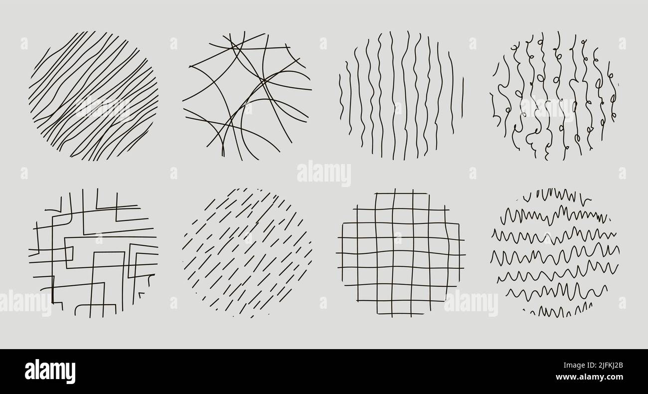 Set of round Abstract Patterns. Hand drawn doodle shapes. Spots, Curves ...