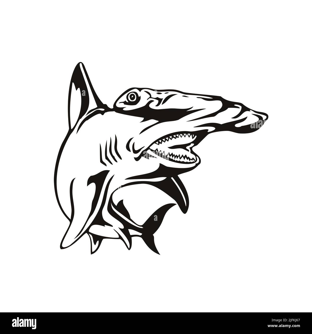 Retro woodcut style illustration of a scalloped hammerhead Sphyrna ...