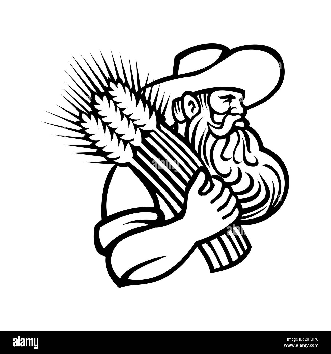Mascot black and white illustration of head of a organic grain farmer ...