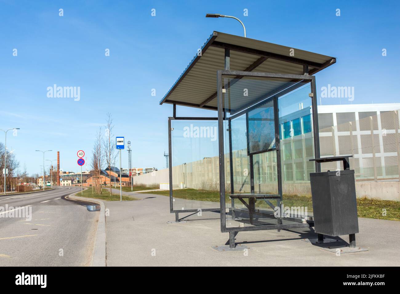 empty bus stop on street of Tallinn city Stock Photo - Alamy