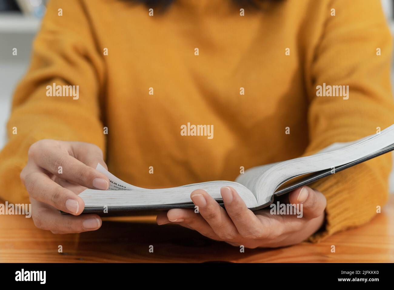 Pray and religion concept, Female christian read holy bible to studying ...