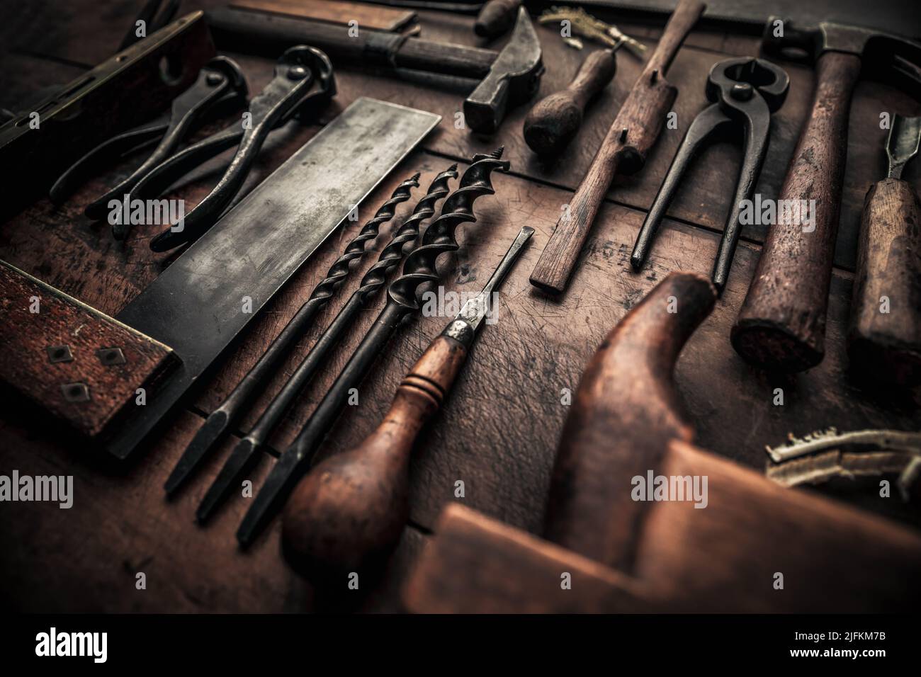 complet collection of carpentry tools on wooden workbench for majestic ...