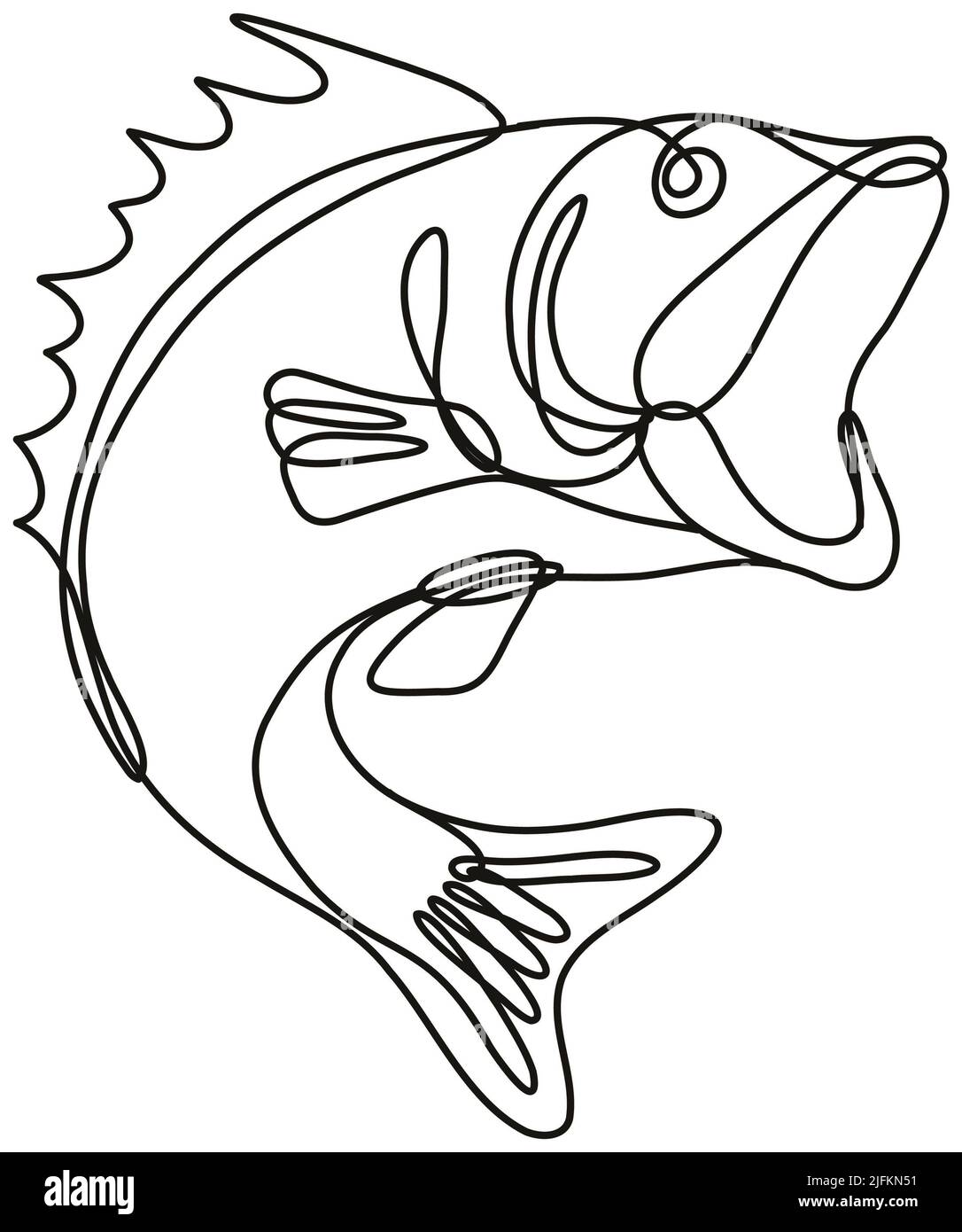 Continuous line drawing illustration of a largemouth bass jumping up ...