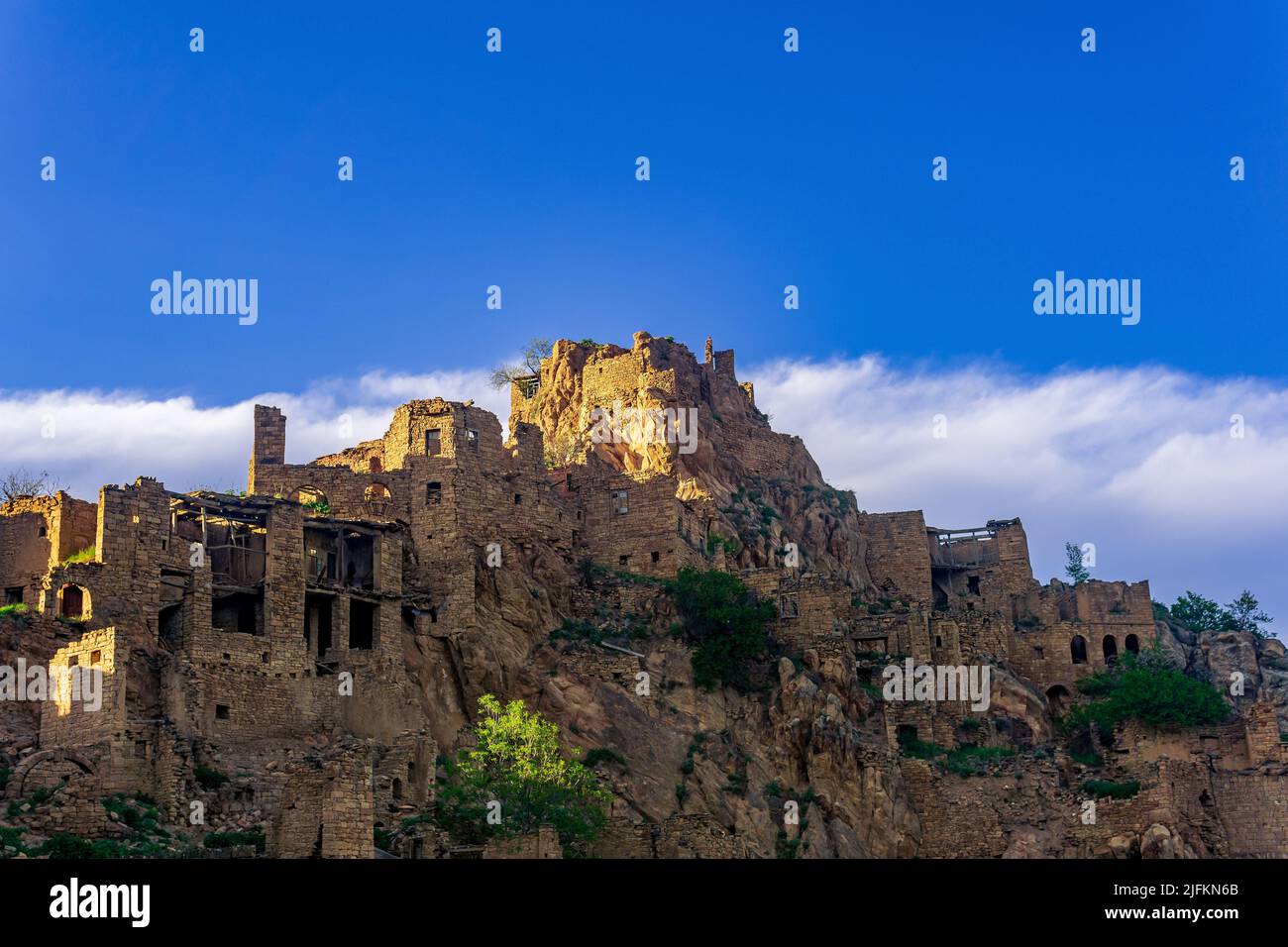 evening view of the abandoned village (aul) Gamsutl on top of a ...