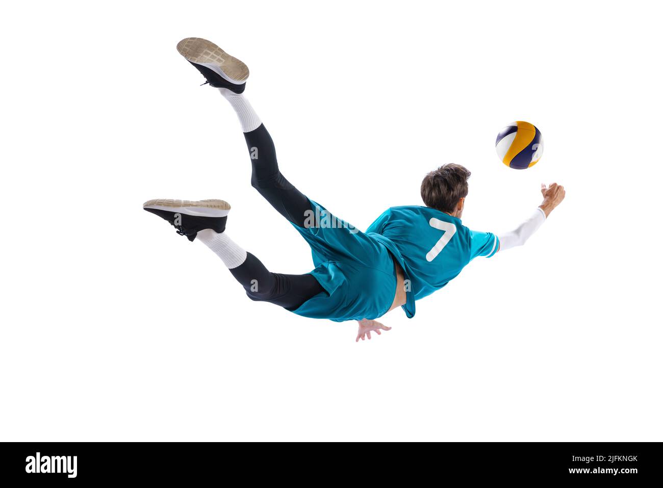 Portrait of young man, volleyball player in motion, training, playing ...
