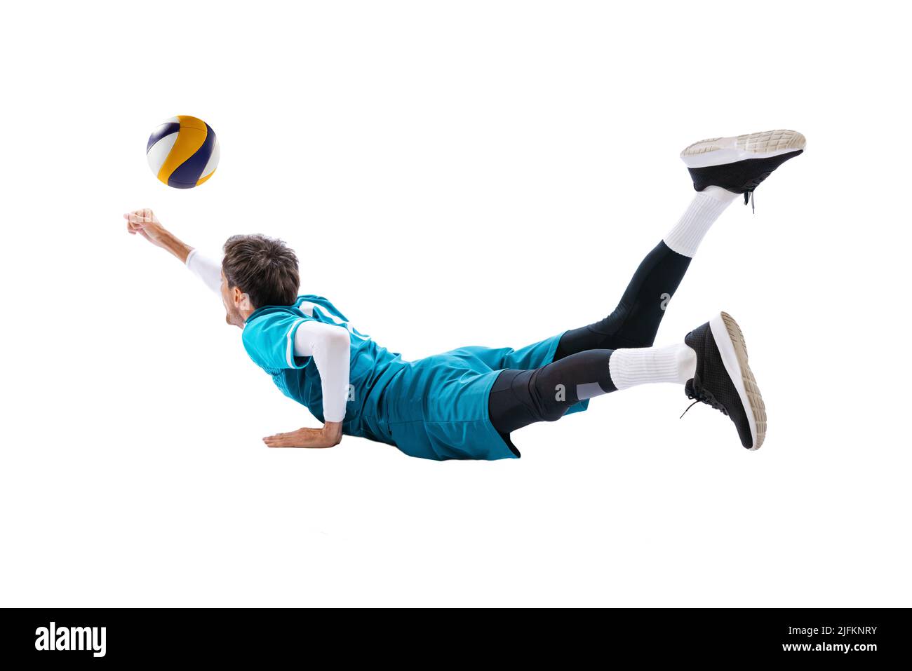 Portrait of young man, volleyball player in motion, training, playing ...