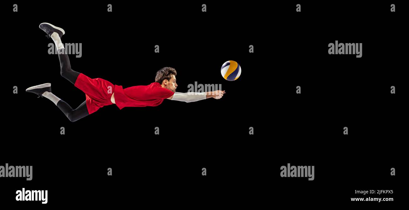 Portrait of young man, volleyball player in motion, training, playing ...