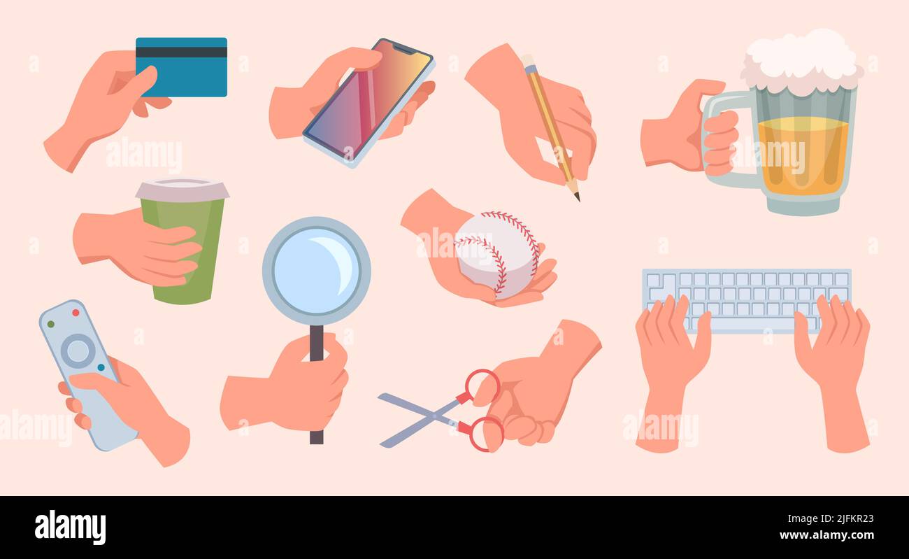 Cartoon hands. Stylized hands gestures sketched human gloves holding ...
