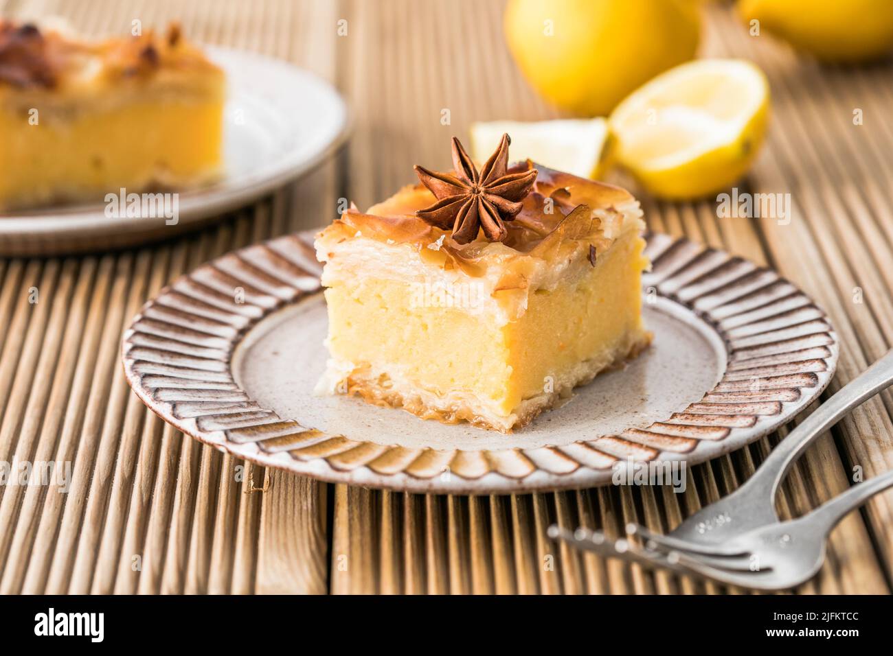Custard of "Galaktoboureko" or bougatsa Greek traditional dessert baked ...