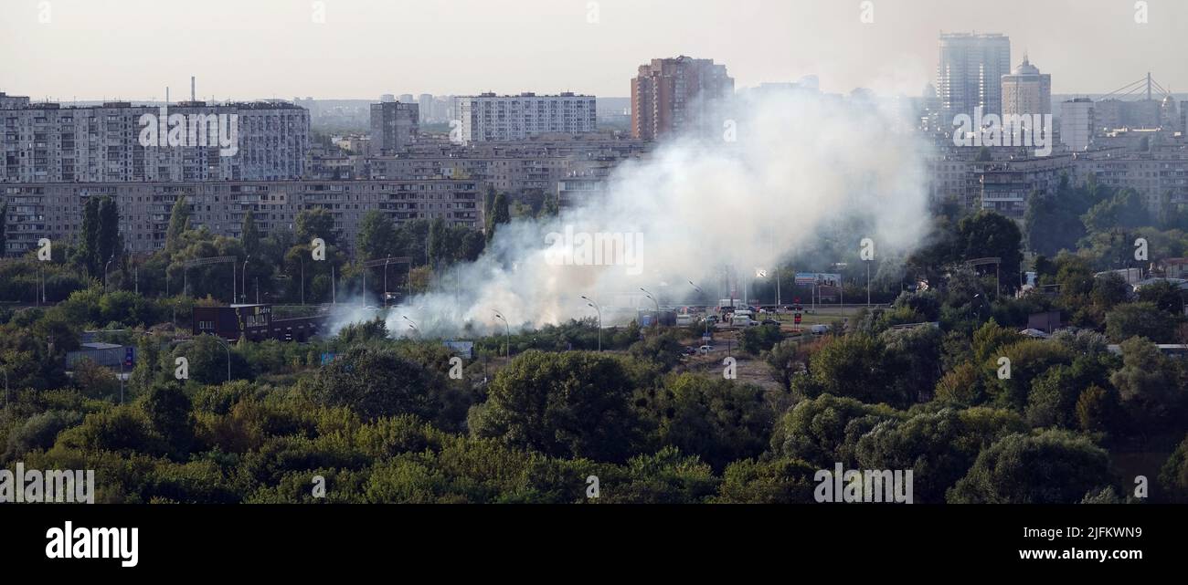 Kiev, Ukraine September 2, 2020: Fire and smoke on the background of ...