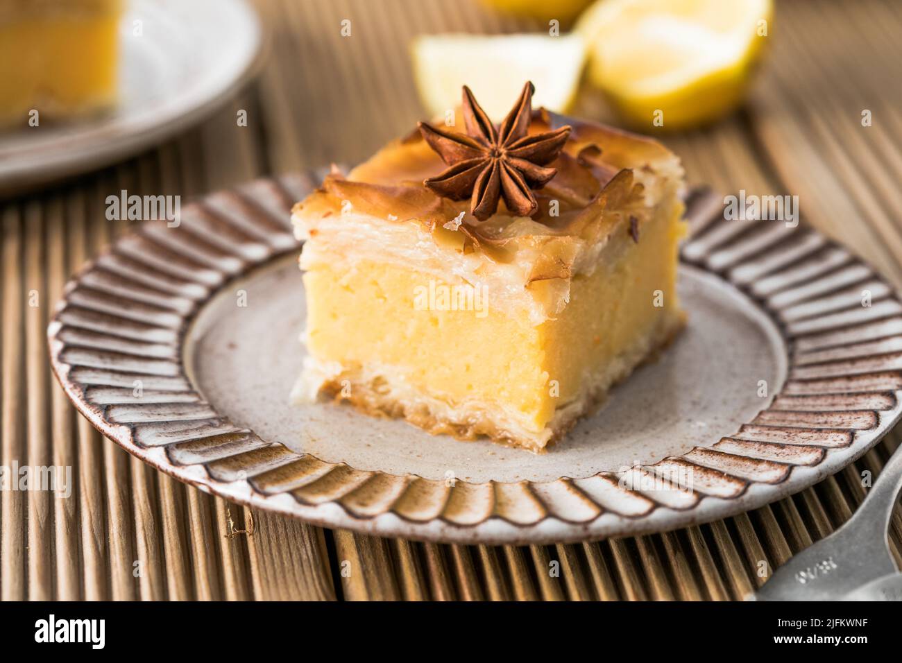Custard of "Galaktoboureko" or bougatsa Greek traditional dessert baked ...