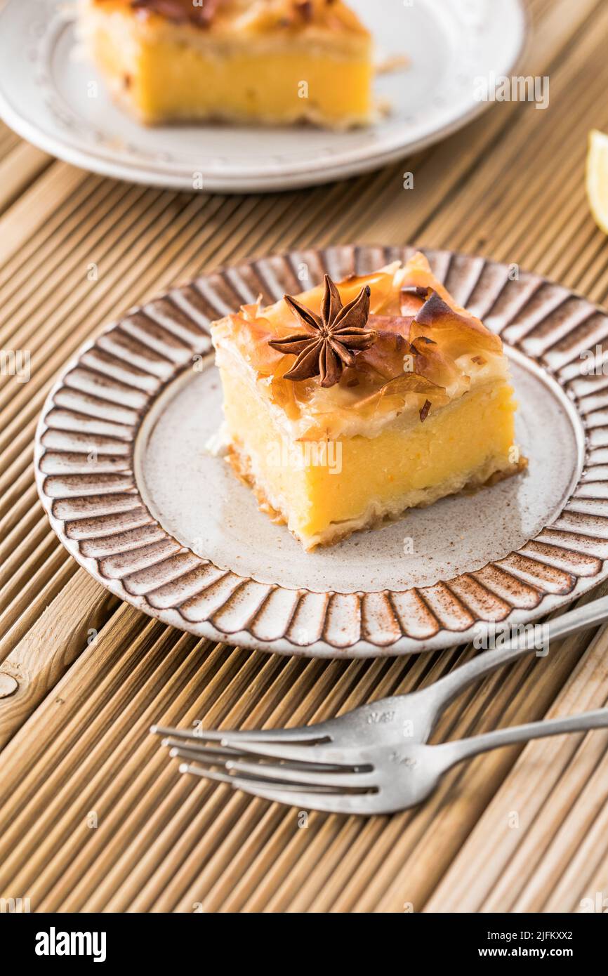 Custard of "Galaktoboureko" or bougatsa Greek traditional dessert baked ...