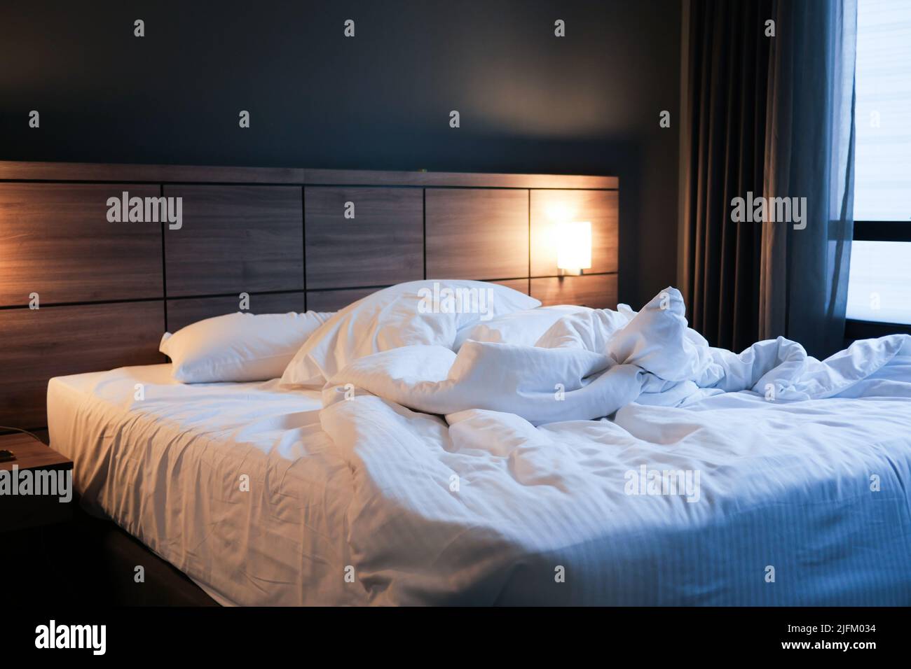 messy bed in early morning , messy bed after waking up Stock Photo - Alamy