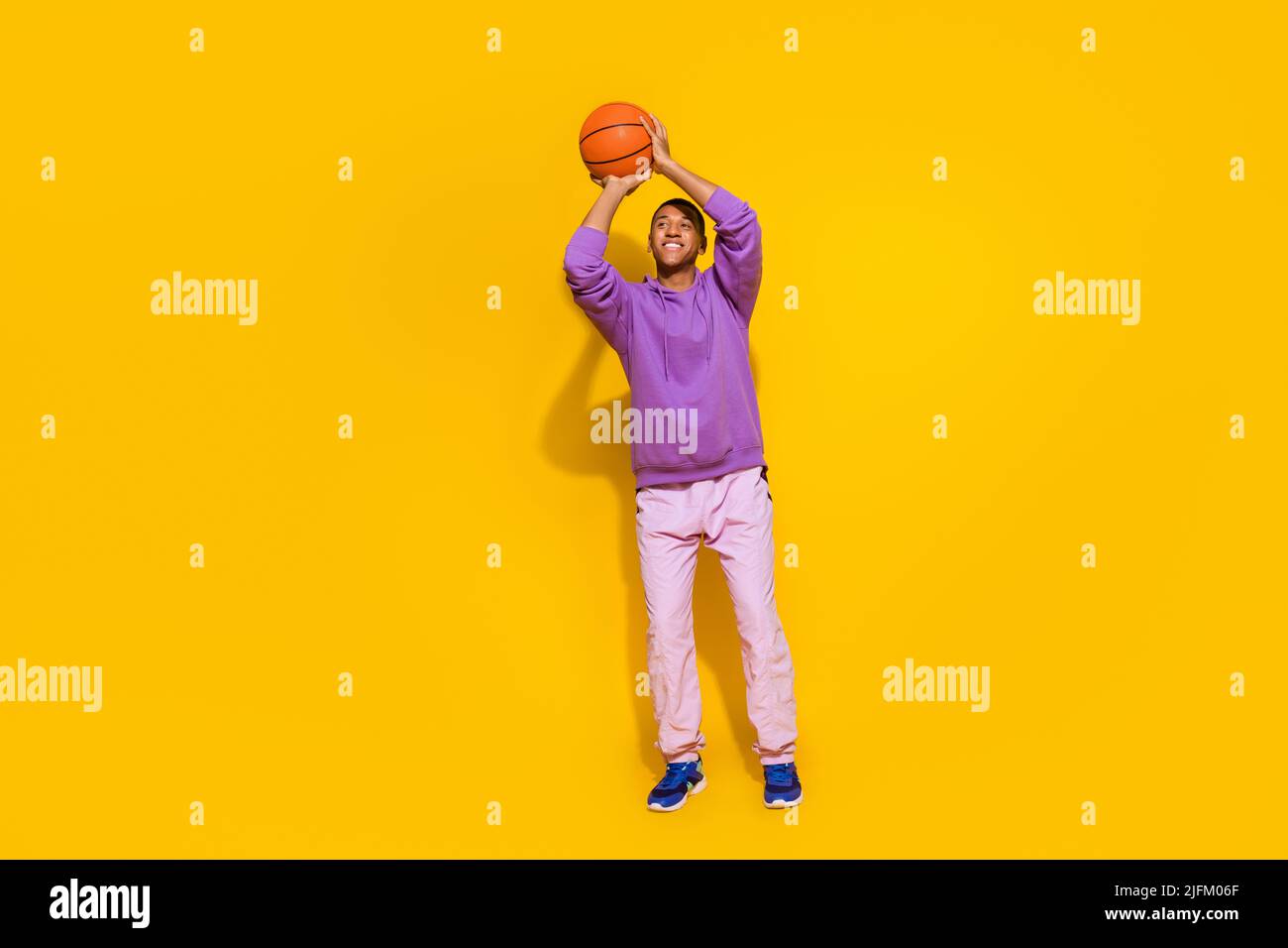Full length body size view of attractive cheerful cool guy throwing ...