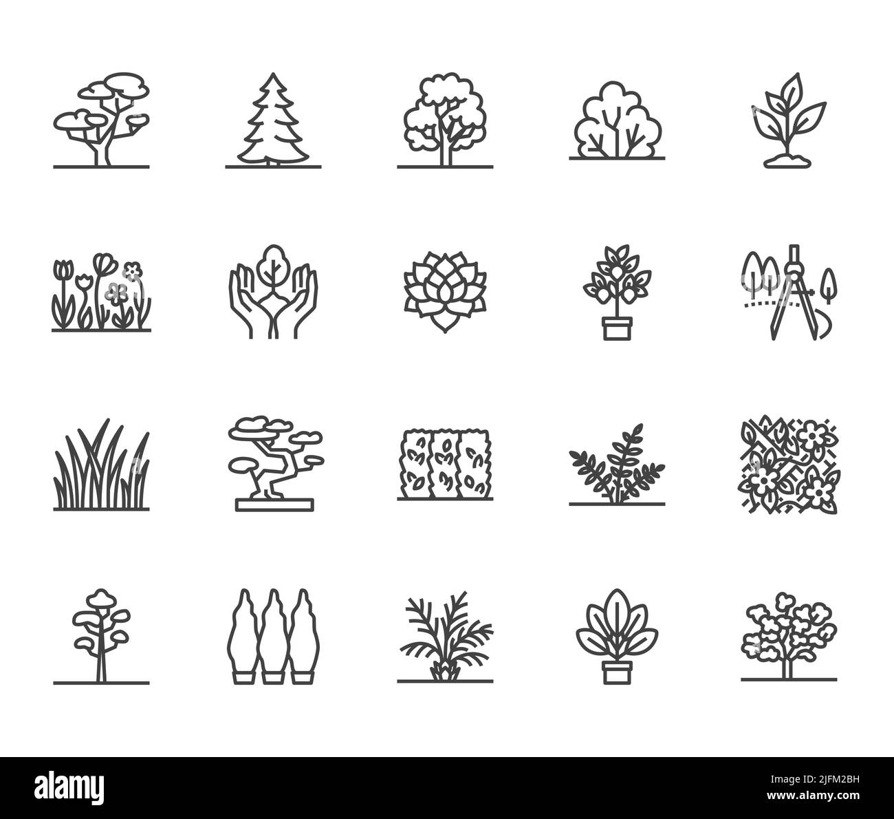 Trees flat line icons set. Plants, landscape design, fir tree ...