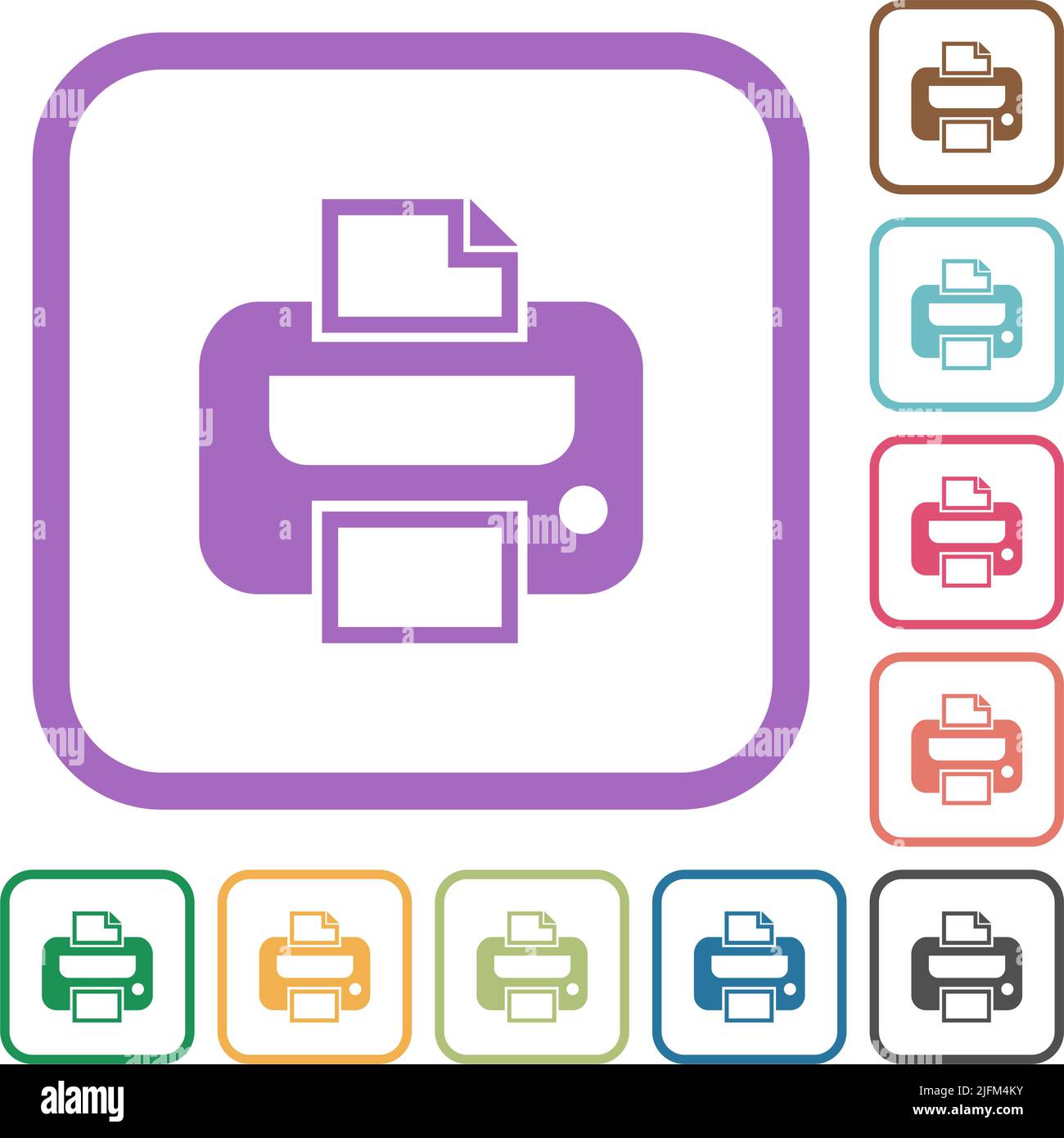 Printer simple icons in color rounded square frames on white background ...