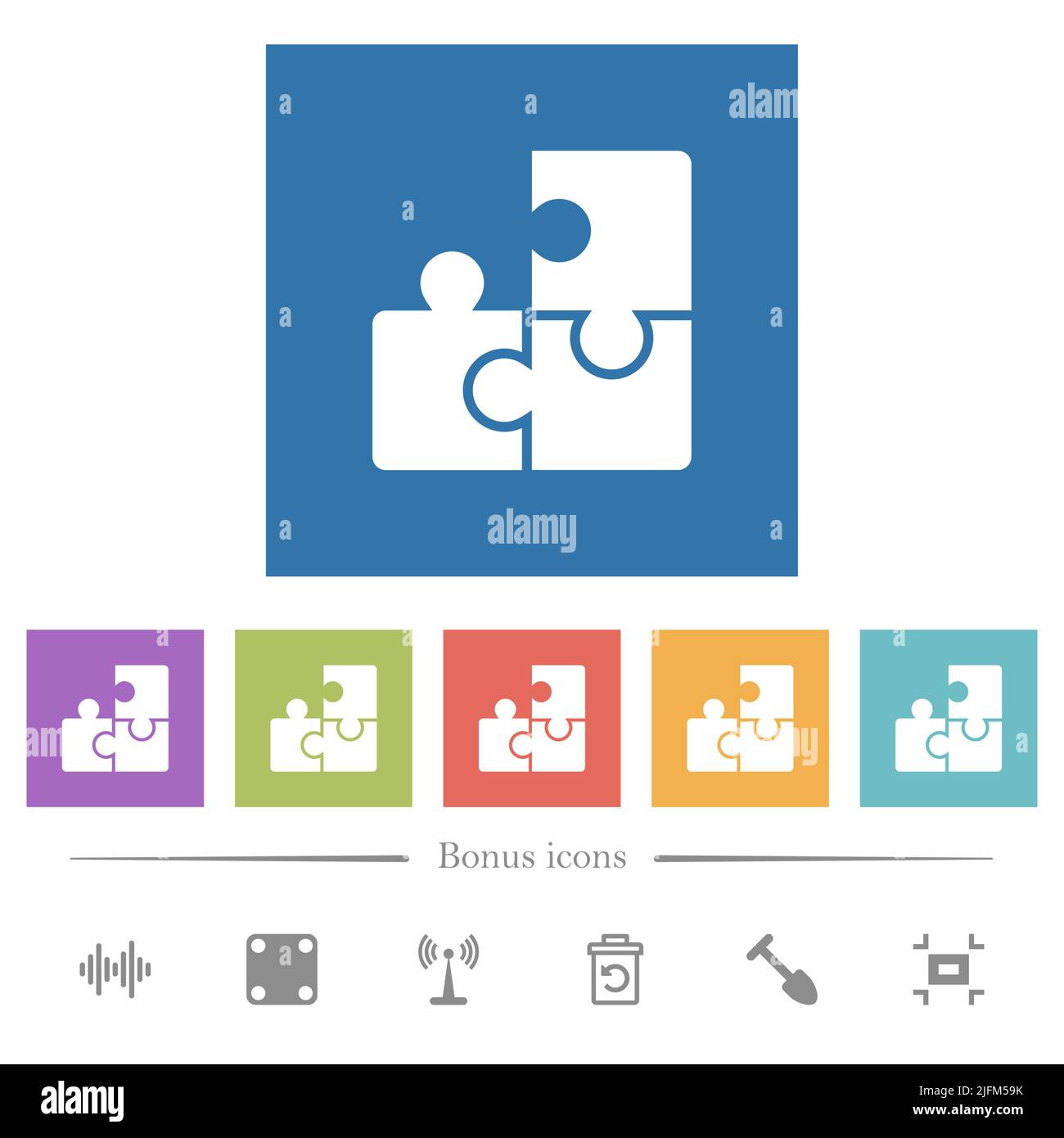 Puzzles flat white icons in square backgrounds. 6 bonus icons included ...