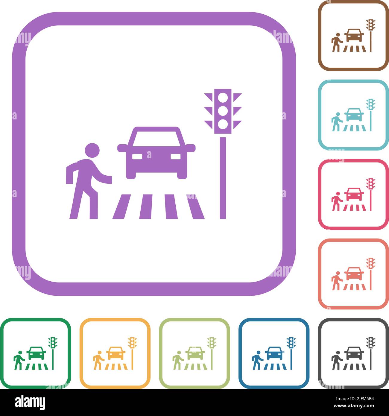 Pedestrian crossing simple icons in color rounded square frames on ...