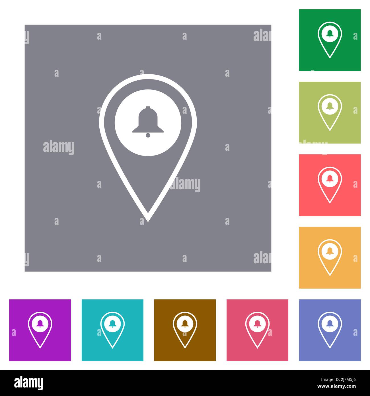 GPS location alarm flat icons on simple color square backgrounds Stock ...