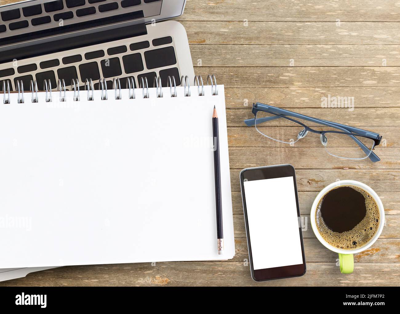 Flat lay, Blank open notebook concept with laptop,smart phone,cup of ...