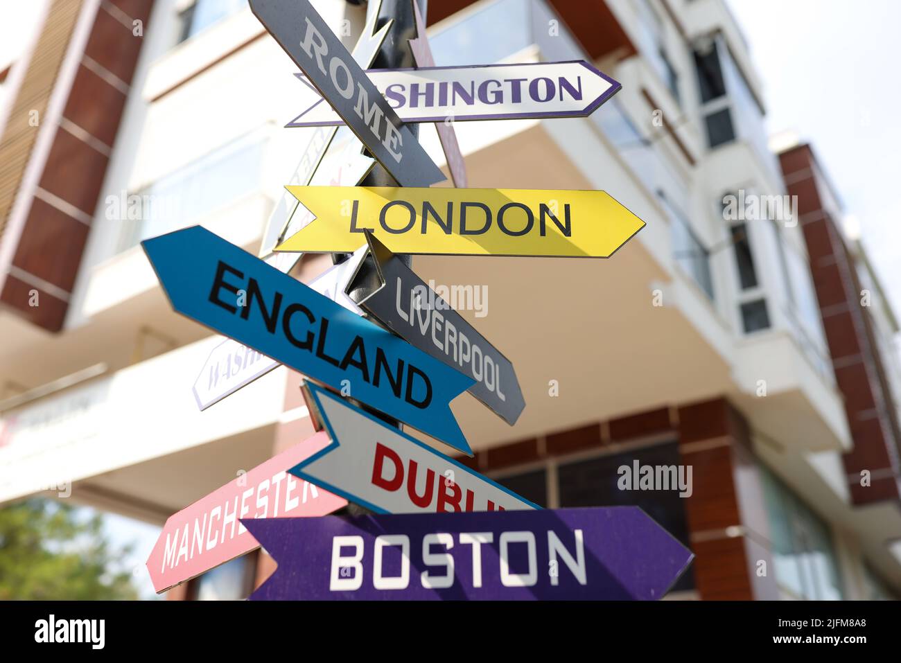 Tourist signs of cities and countries with directions Stock Photo - Alamy
