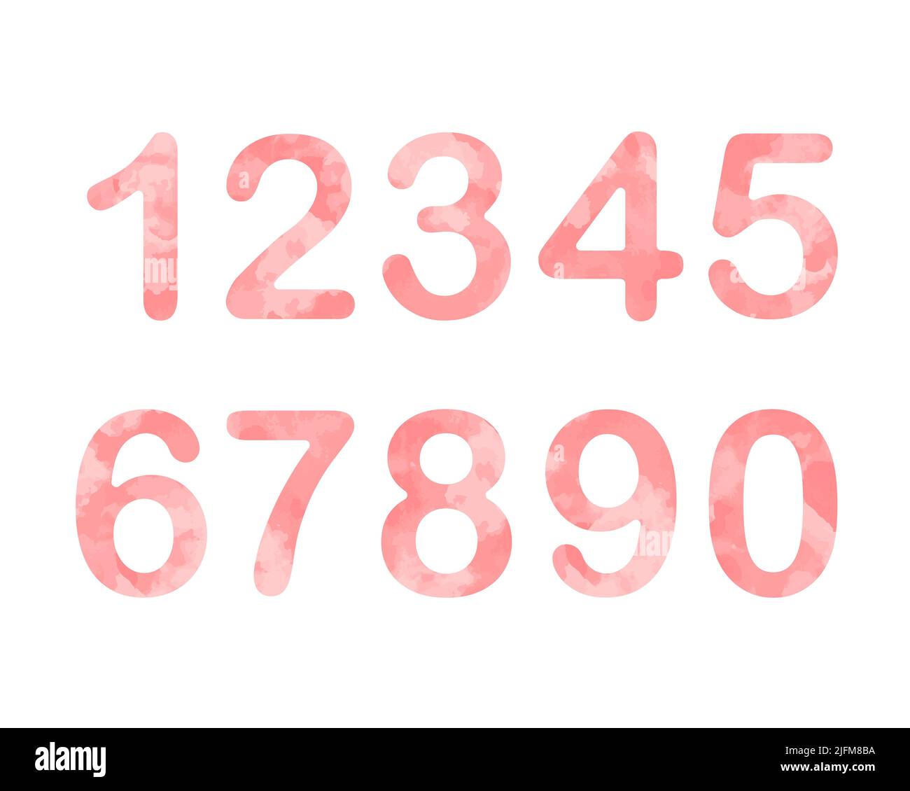 Numbers watercolor pink set vector illustration. Digits, figures ...