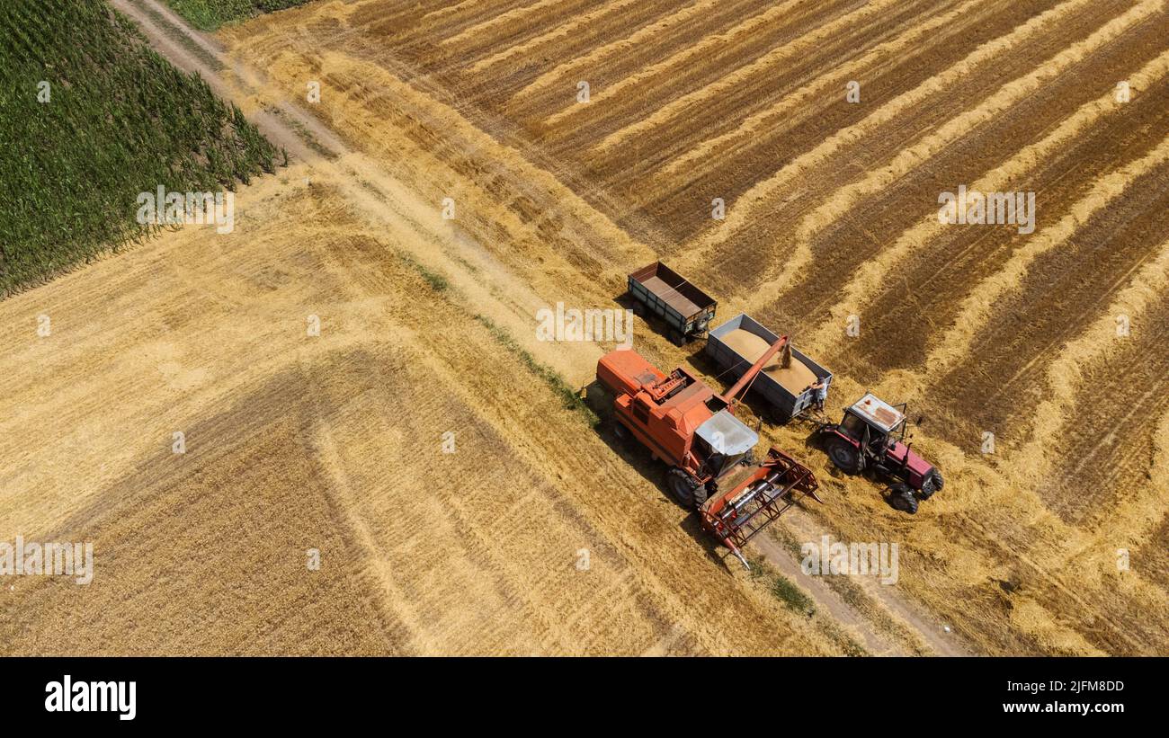 Tractor picking up the crop to bring to the storage tank from the ...