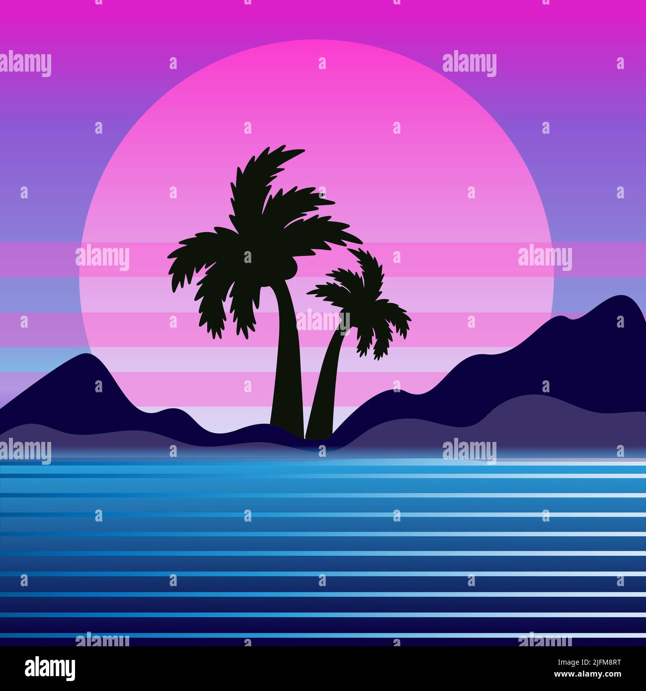 Sunset With Palm Trees In Retrowave Grunge Style. Future modern icon ...