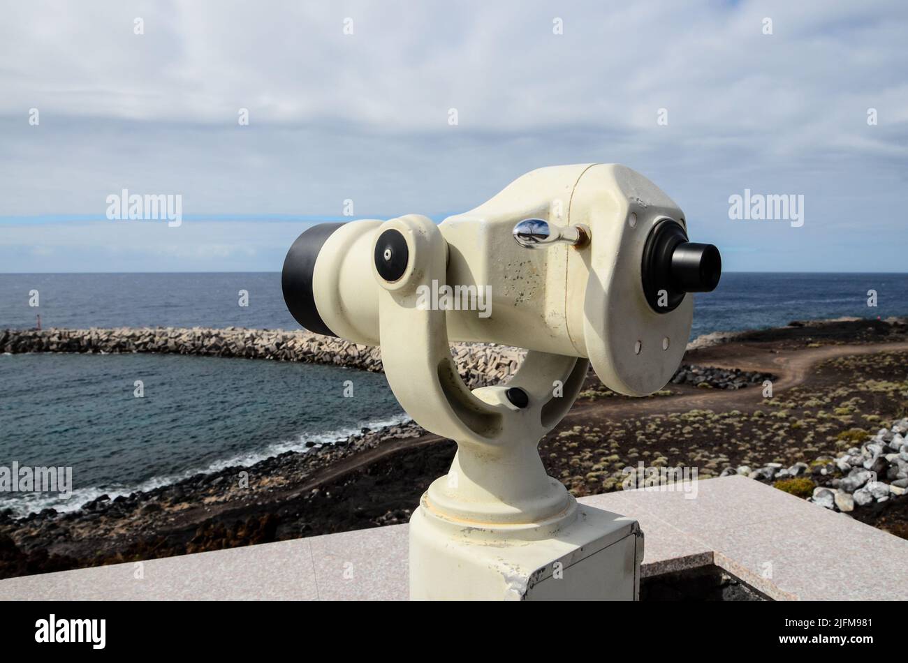 Coin Operated Telescope For Beach Observation, Blue Sky And Clouds ...
