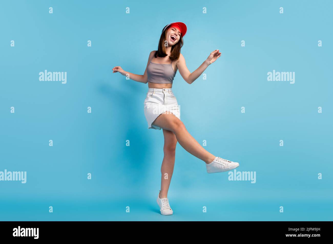 Full size photo of young cheerful girl happy positive smile have fun ...