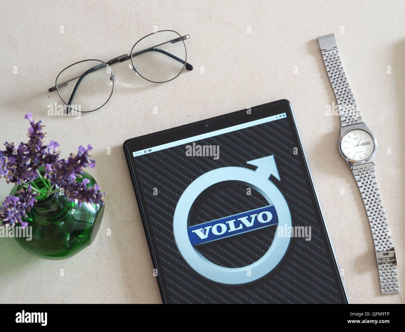 In this photo illustration Volvo Car Corporation logo seen displayed on ...